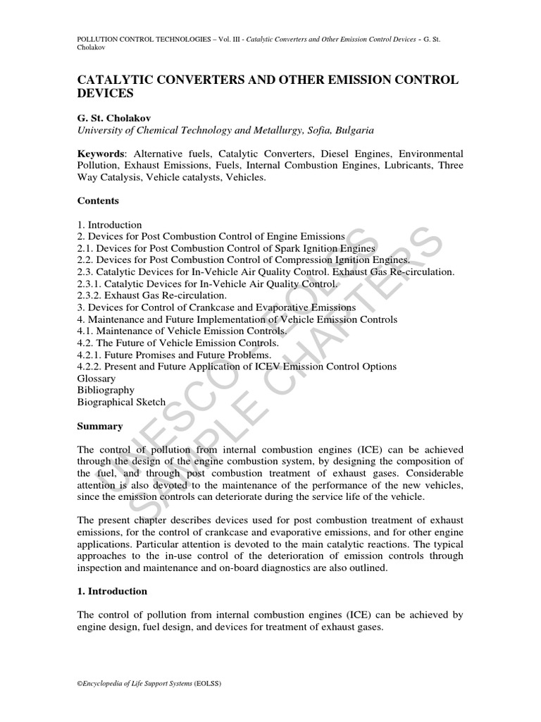 Unesco - Eolss Sample Chapters: Catalytic Converters and Other Emission Control Devices ...