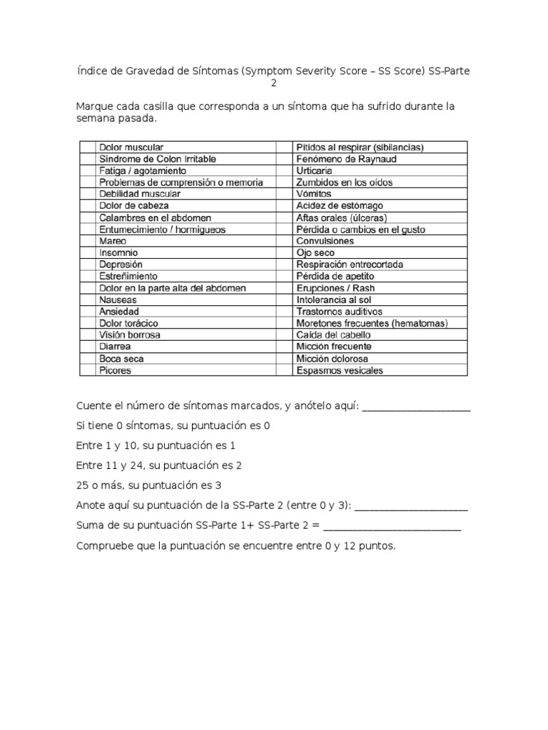 Índice de Gravedad de Síntomas (Symptom Severity Score - SS Score) SS ...