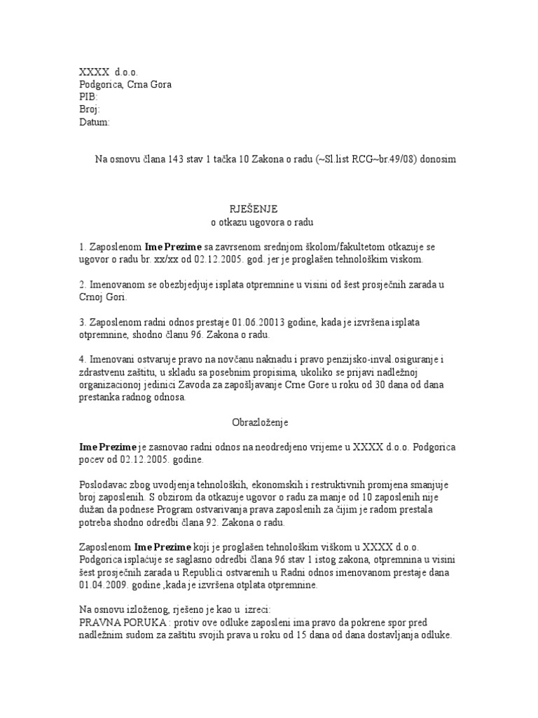 Otkaz Ugovora o Radu | PDF