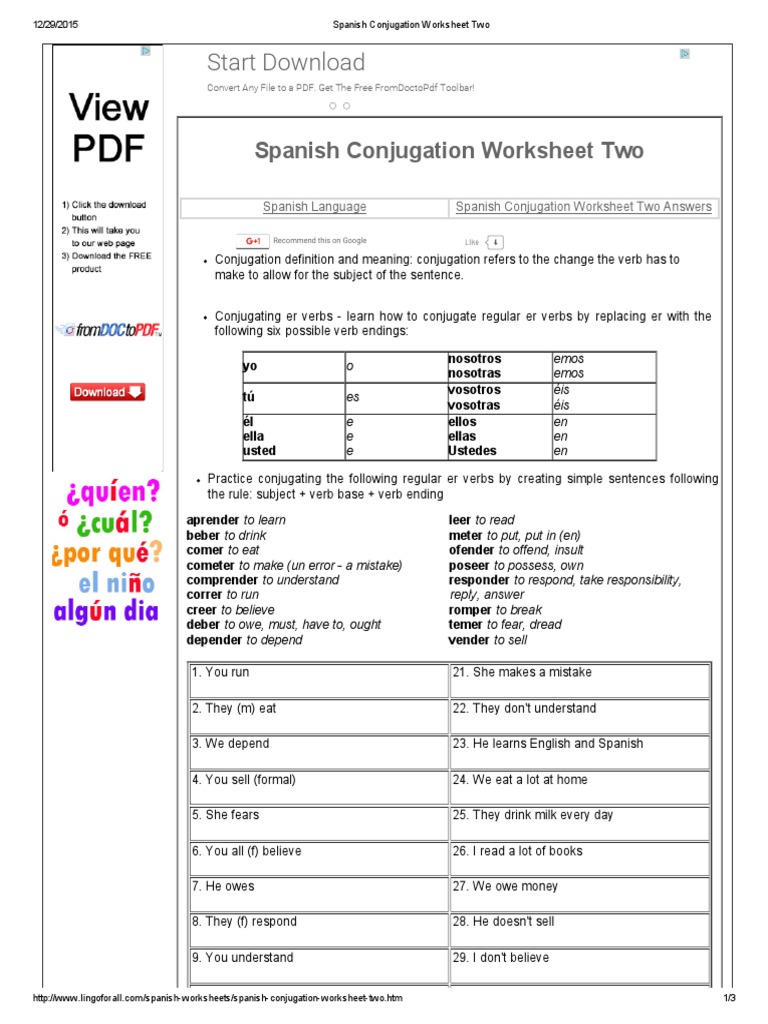 Spanish Conjugation Worksheet Two PDF | PDF | Grammatical Conjugation ...