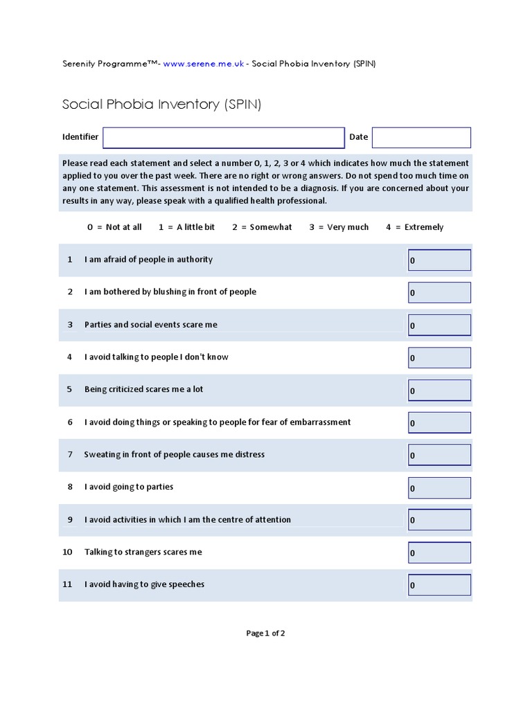 Social Phobia Inventory (SPIN) Assessment | PDF