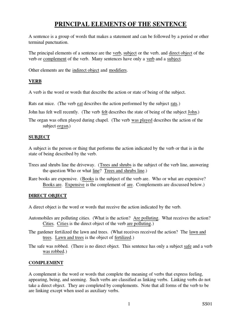Principal Elements of a Sentence | PDF | Subject (Grammar) | Object ...