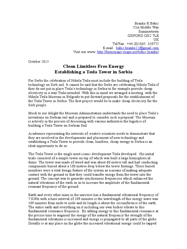 Clean Limitless Free Energy Establishing A Tesla Tower in Serbia | PDF ...