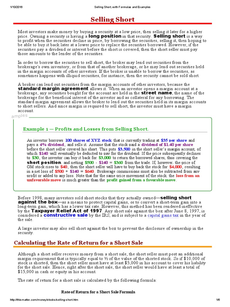 Selling Short, With Formulas and Examples | PDF | Short (Finance ...