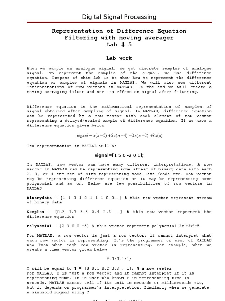 Representation of Difference Equation Filtering With Moving Averager Lab # 5 | PDF | Recurrence ...