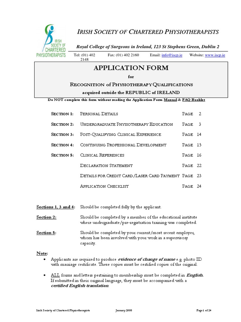 Application Form For Recognition of Physiotherapy Qualifications | PDF ...