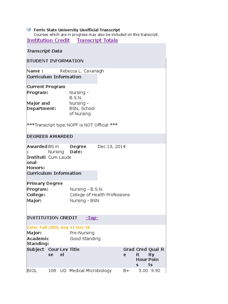 Ferris State University Unofficial Transcript | PDF | Academia | Educational Stages