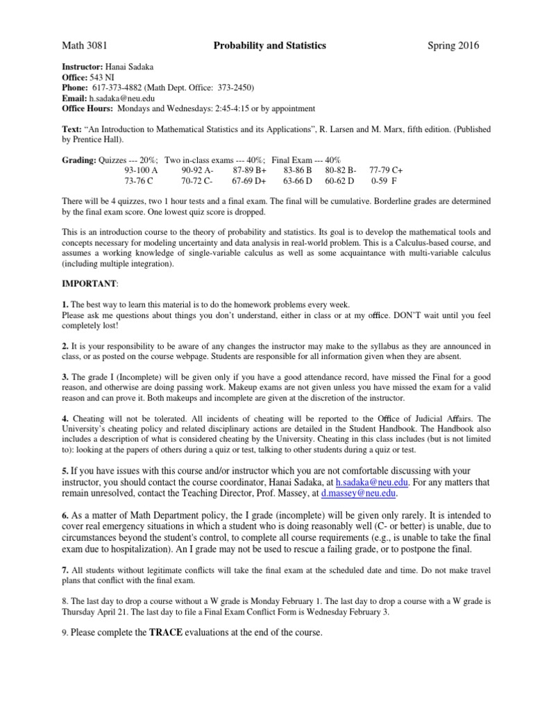 MATH3081 Syllabus | PDF | Probability Distribution | Probability Theory