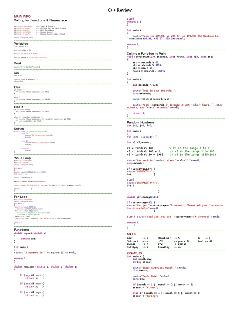 General C++ Cheat Sheet | PDF | Variance | Computer Programming