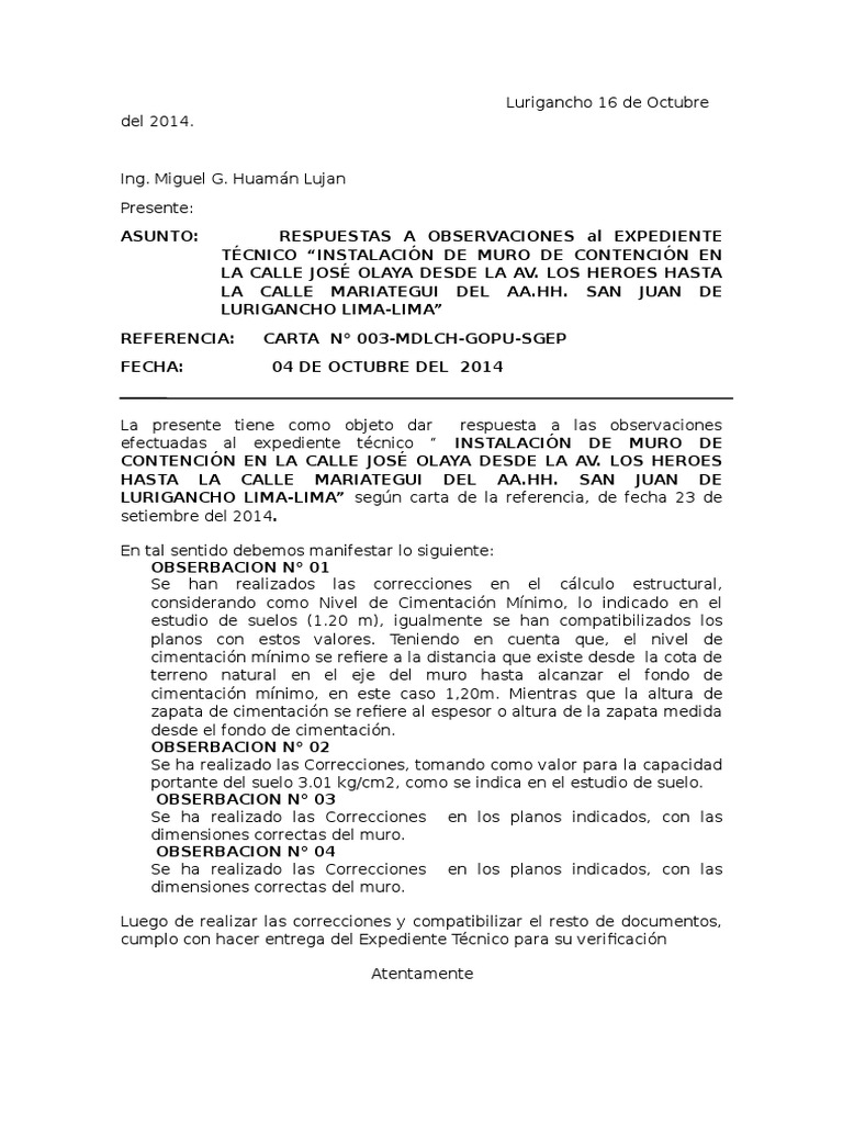 Respuestas A Observaciones Al Expediente Técnico | PDF | Fundación (Ingeniería) | Ingeniería de ...