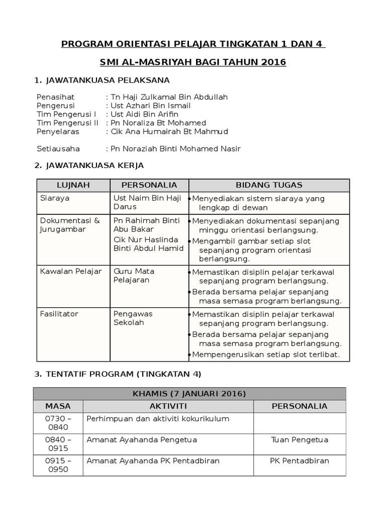 AJK Program Orientasi Pelajar Tingkatan 1 Dan 4 | PDF