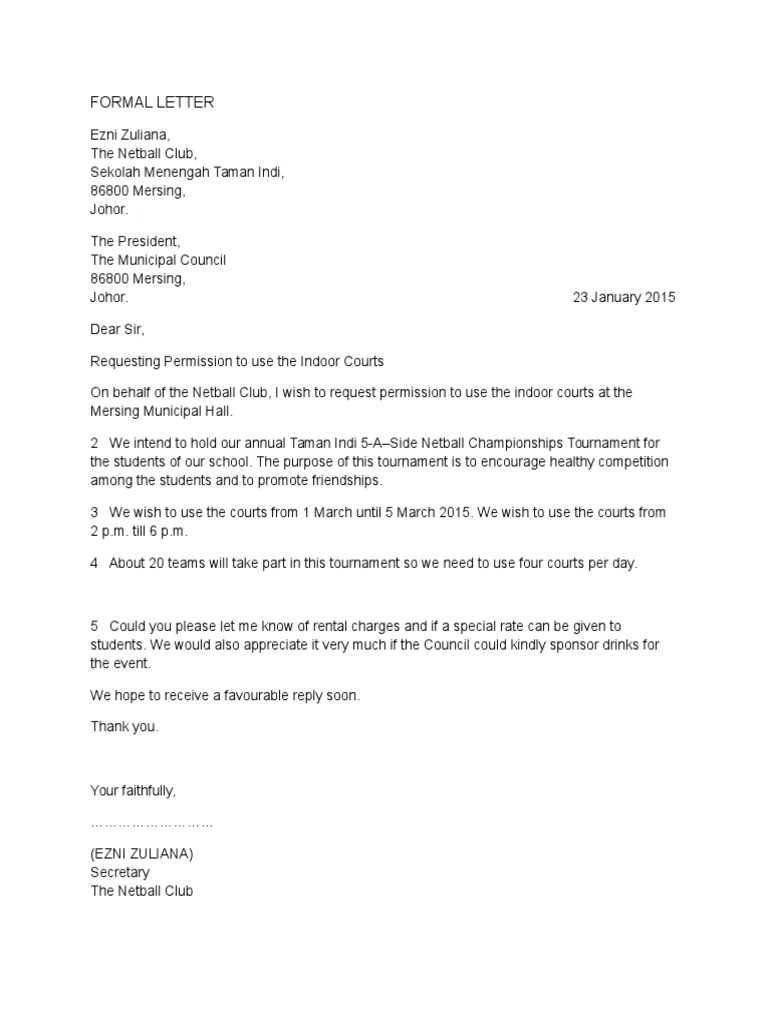 Sample Formal Letter | PDF | Sports