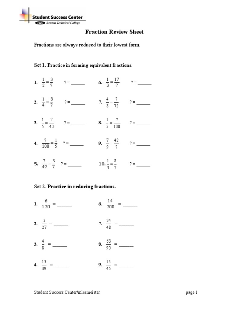 Fraction Practice and Review Sheet | PDF | Fraction (Mathematics ...