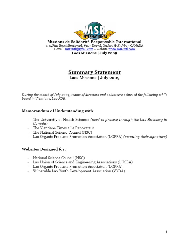 MSR International Summary Statement | PDF | Laos | Science