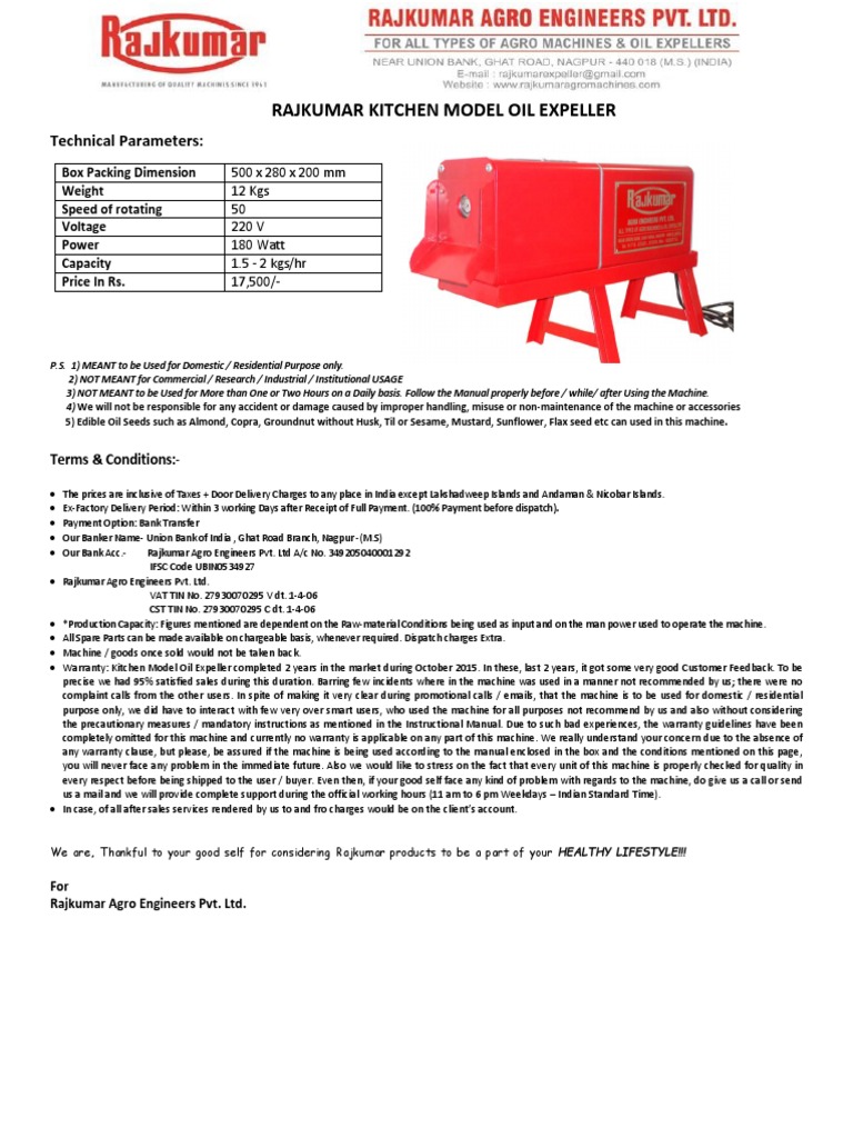 Rajkumar Kitchen Model Oil Expeller - INR | PDF | Business