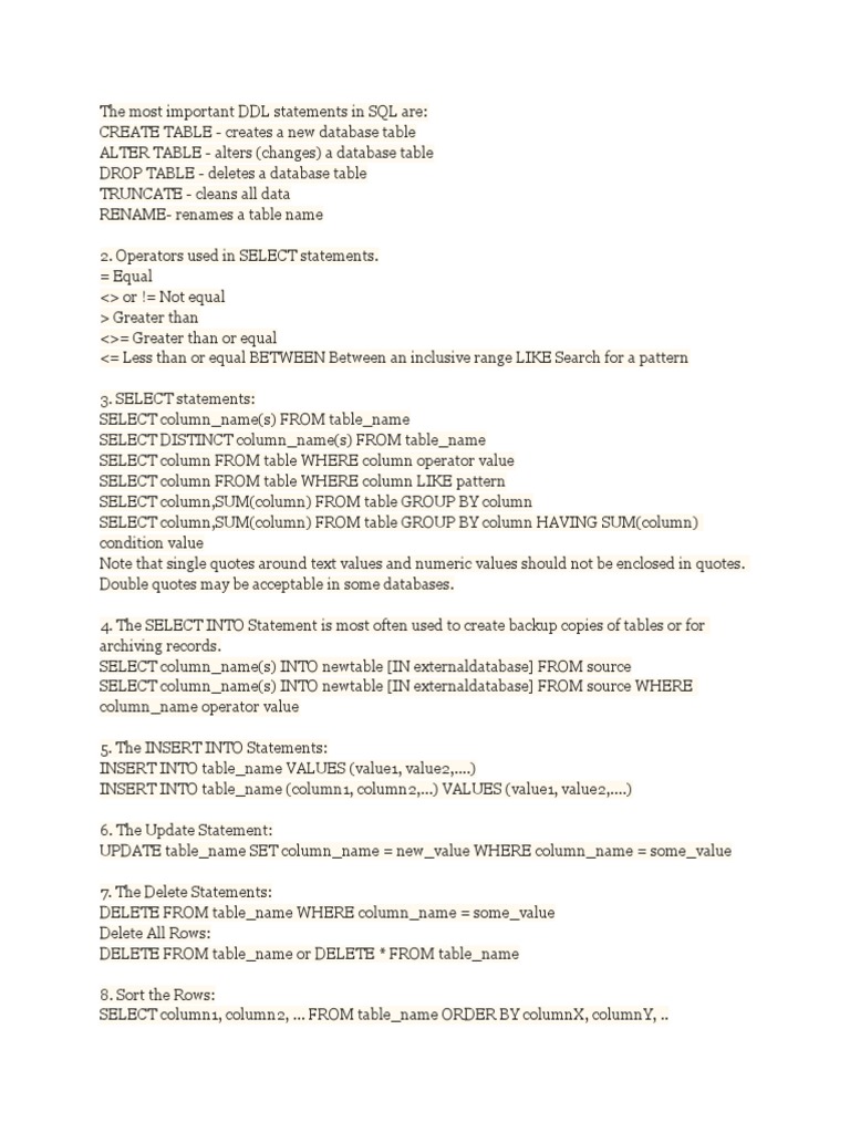 The Most Important DDL Statements in SQL Are | PDF | Pl/Sql | Database ...