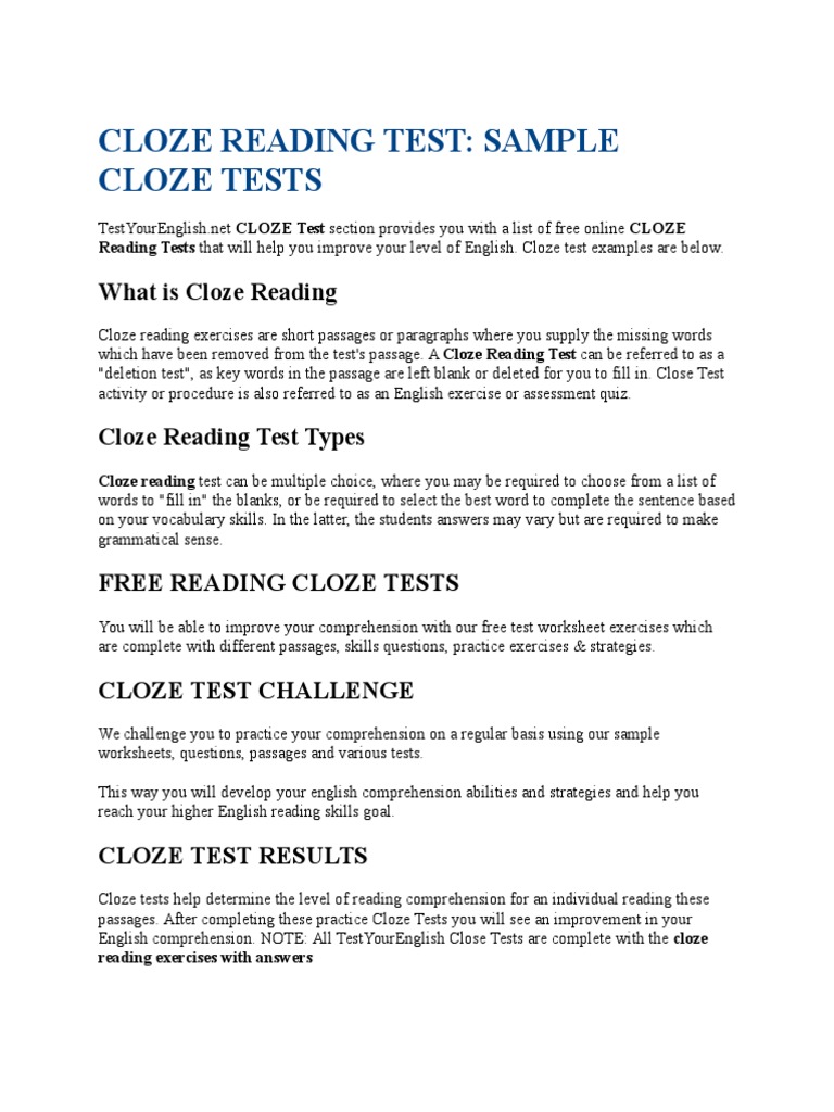 Cloze Reading Test: Sample Cloze Tests | PDF