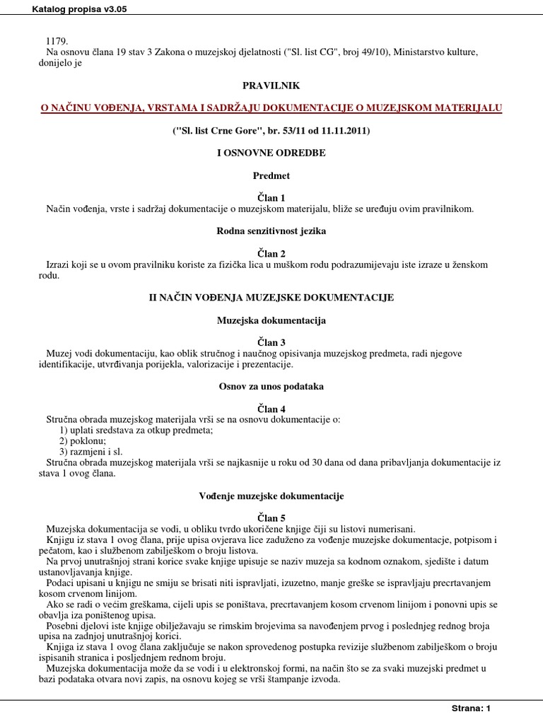 Pravilnik o Nacinu Vodjenja, Vrstama I Sadrzaju Dokumentacije o Muzejskom Materijalu (2) | PDF
