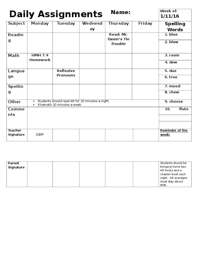 Weekly Student Homework Plan | PDF | Language Arts & Discipline