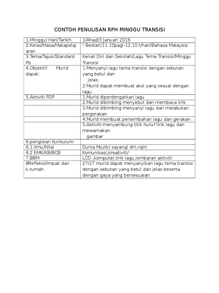 RPH MINGGU TRANSISI | PDF