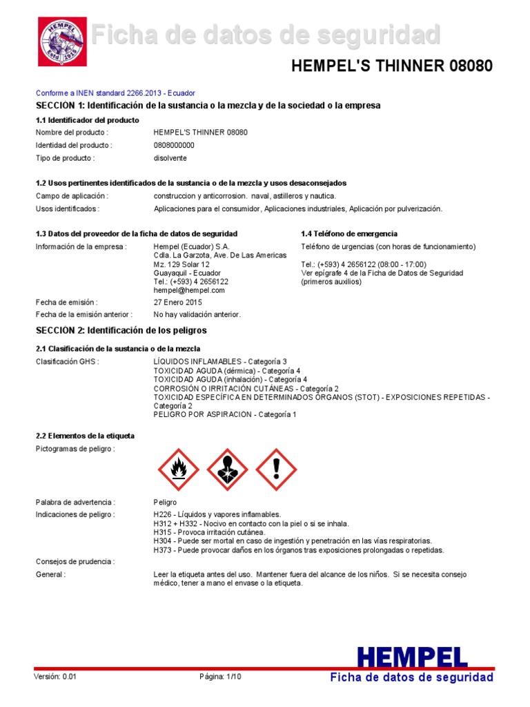 Ficha de Seguridad Hempel's Thinner 08080 | PDF | Guante | Agua