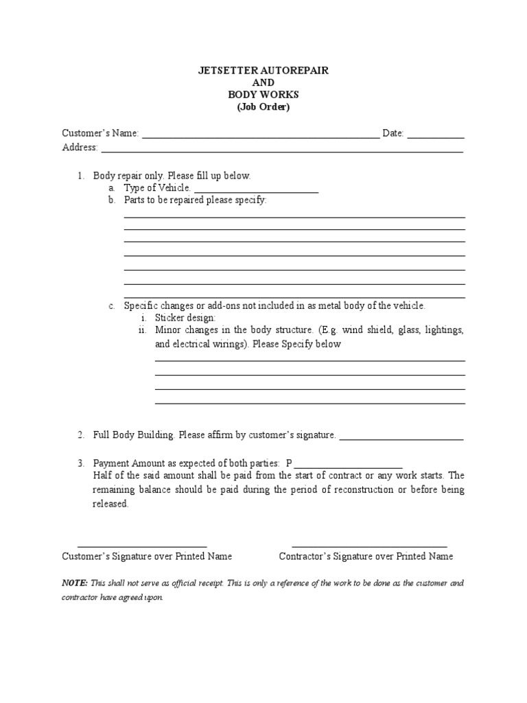Jetsetter Auto Repair Job Order Form | PDF