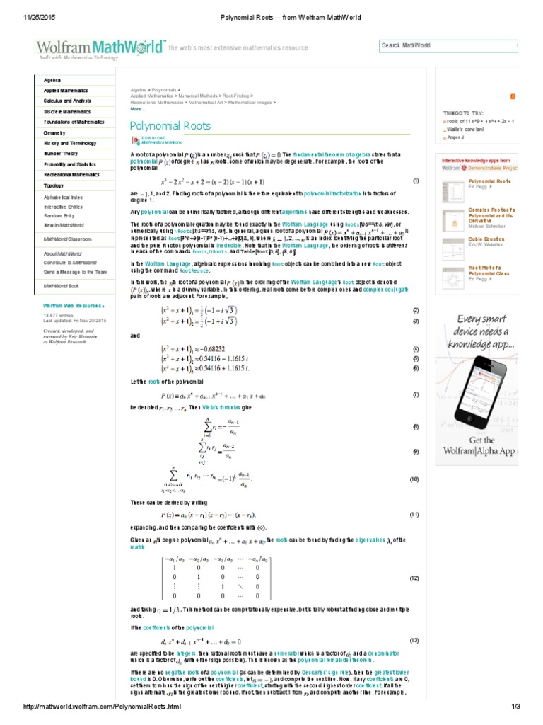 Polynomial Roots - From Wolfram MathWorld | PDF | Polynomial | Zero Of A Function