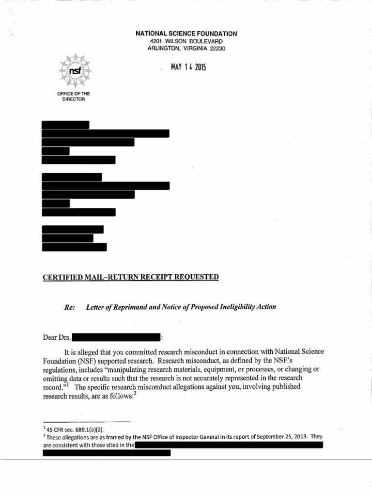 NSF Letter of Reprimand | PDF | National Science Foundation ...