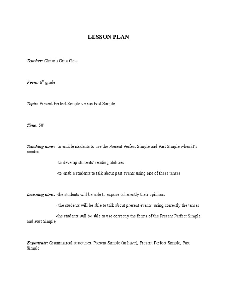 LESSON PLAN 6 Present P S Vs Past Simple | PDF | Lesson Plan ...
