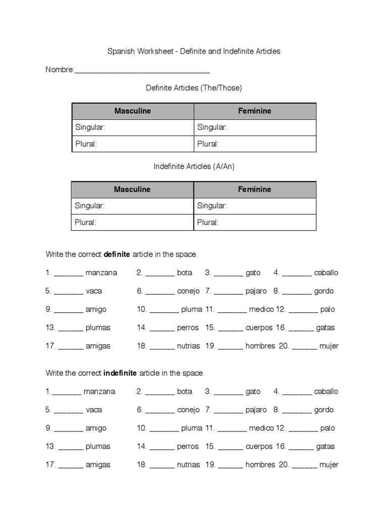 Spanish Articles Worksheet | PDF | Foreign Language Studies