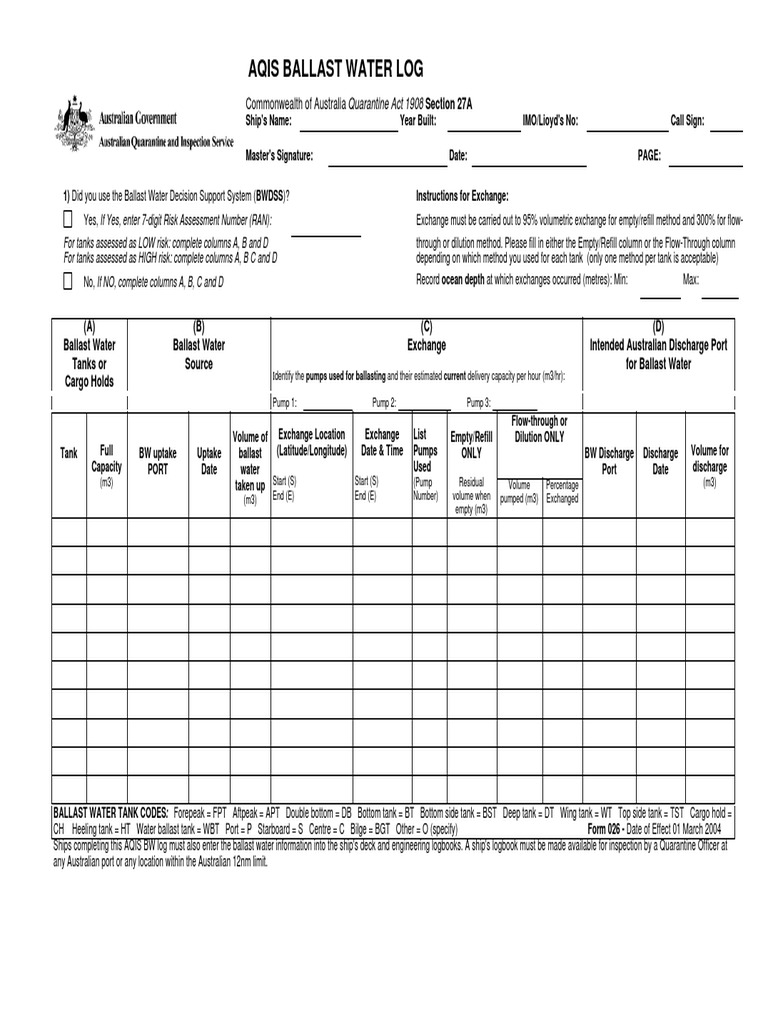 Ballast Water Log | PDF | Water Transport | Watercraft