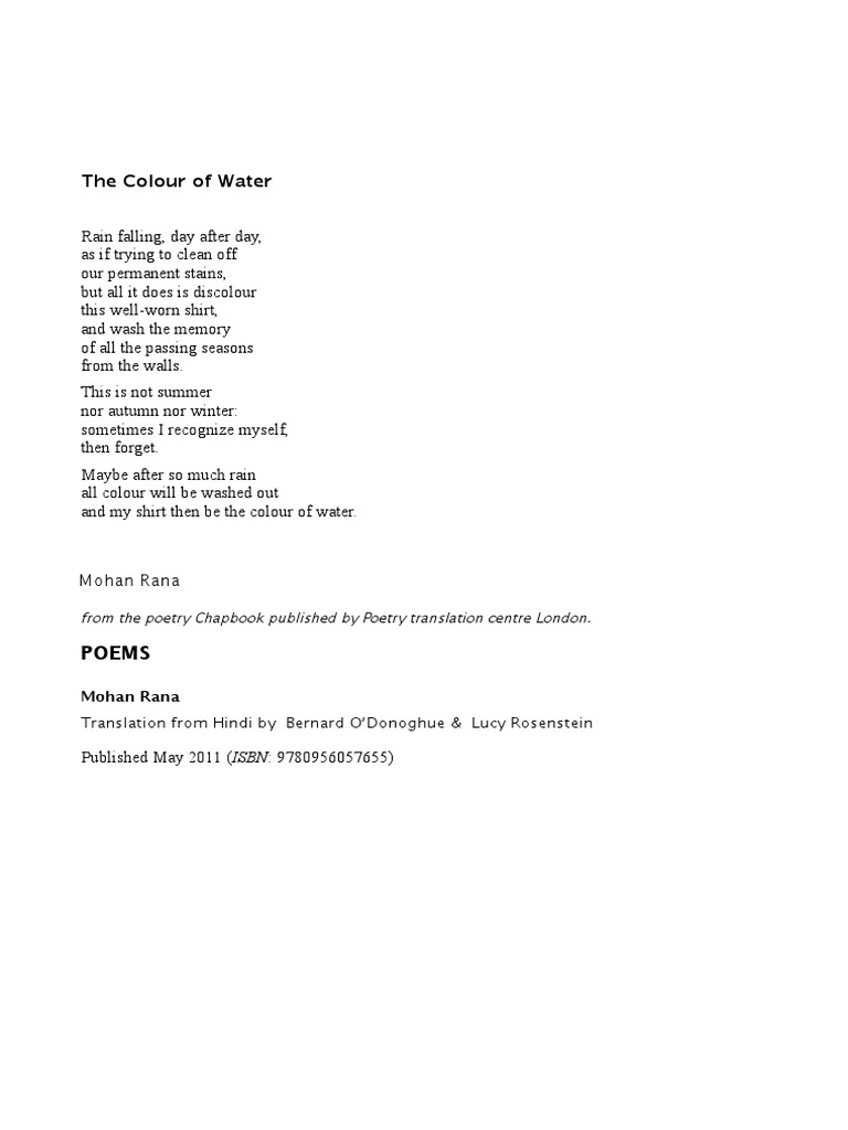 The Colour of Water: A Poem by Mohan Rana | PDF