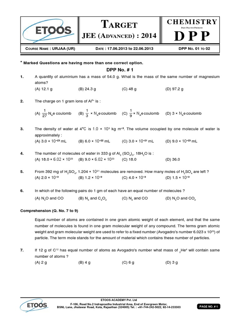 DPP 01 Mole Concept JH Sir-3571 | PDF | Atoms | Materials
