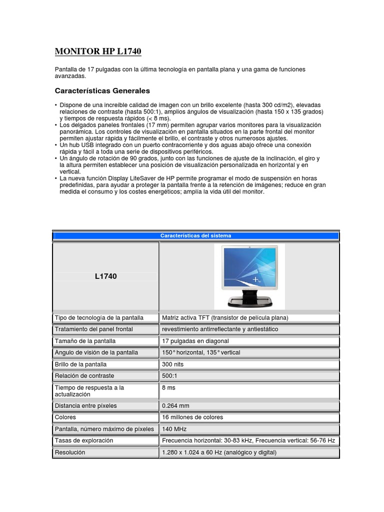 Monitor HP l1740 | PDF | Monitor de computadora | Resolución de pantalla