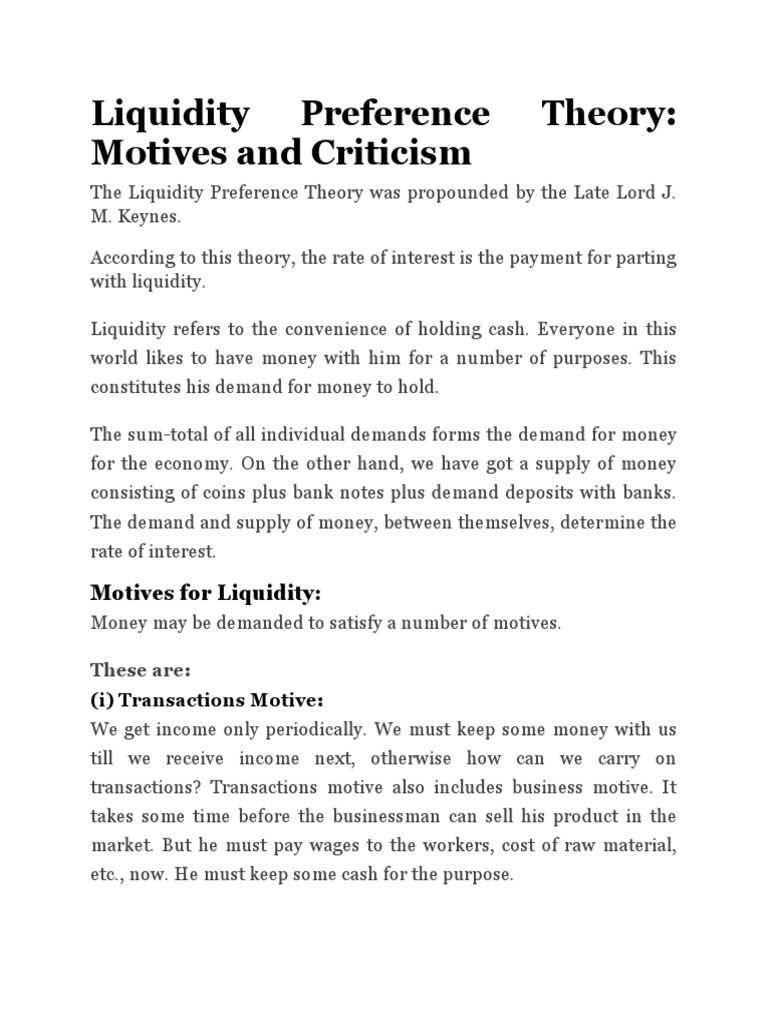 Liquidity Preference Theory | PDF | Demand For Money | Interest