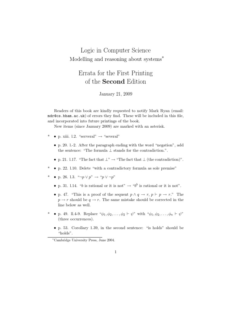 A Comprehensive List of Errata and Corrections for the Book 'Logic in Computer Science ...