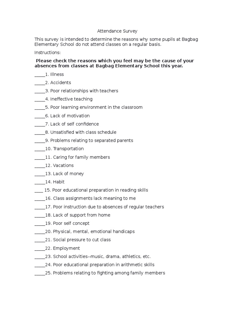 Bagbag Elementary Attendance Survey | PDF | Career & Growth | Self ...