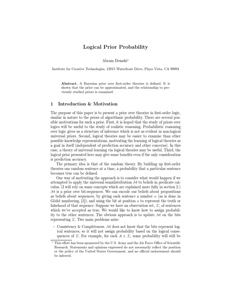 Logical Prior Probability: Defining a Bayesian Prior over First-Order Theories | PDF | First ...