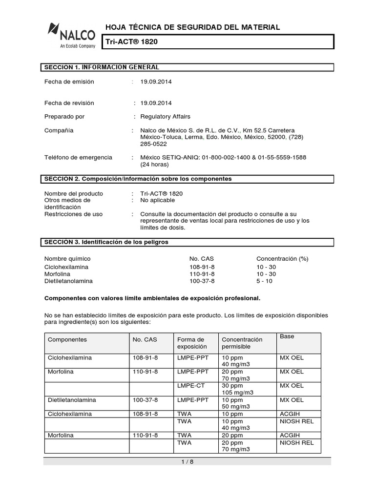 Ficha de Seguridad Tri-ACT® 1820 | PDF | Agua | Alimentos