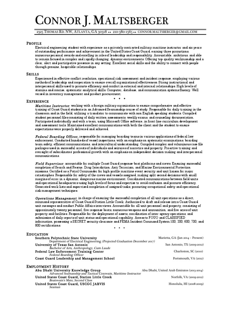 Resume Maltsberger | United States Coast Guard | Educational Assessment