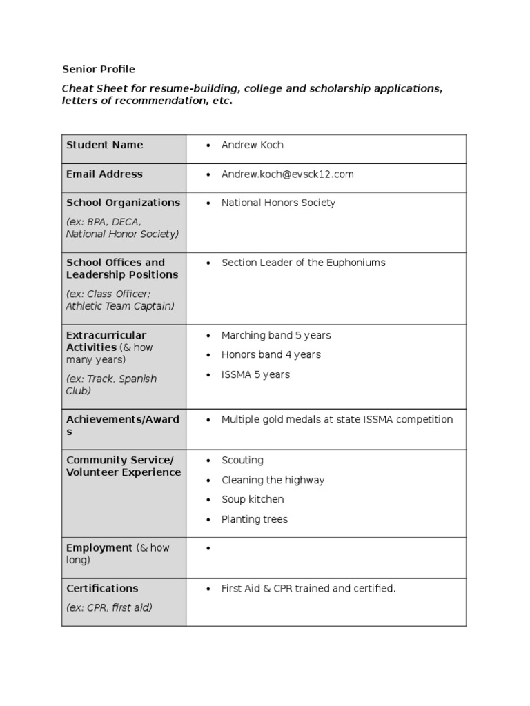 Senior Profile Cheat Sheet Template | PDF