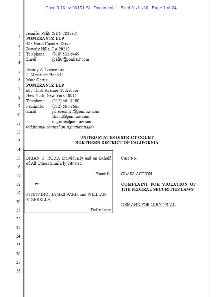 Fitbit Securities Class Action Complaint | PDF | Sec Rule 10b 5 ...