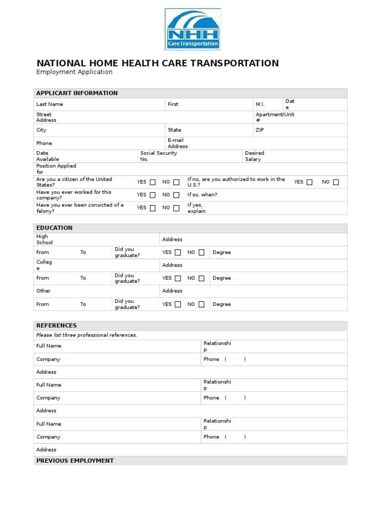 Home Health Care Employment Application | PDF | Career & Growth | Wellness