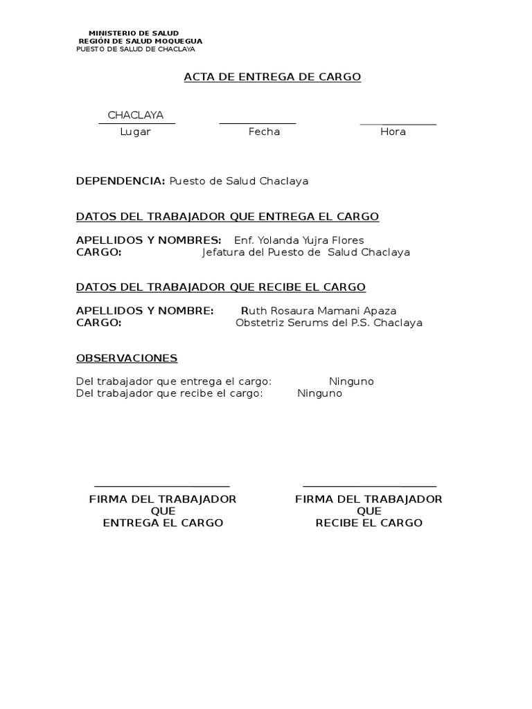 Acta de Entrega de Cargo | Ciencias de la Salud | Bienestar