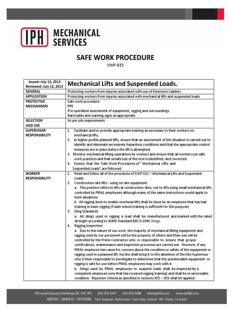 Safe Work Procedure for Mechanical Lifts and Suspended Loads | PDF ...