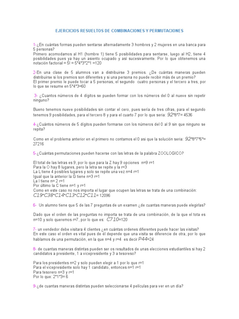 Ejercicios Resueltos de Combinaciones y Permutaciones | Física y matemáticas | Matemáticas