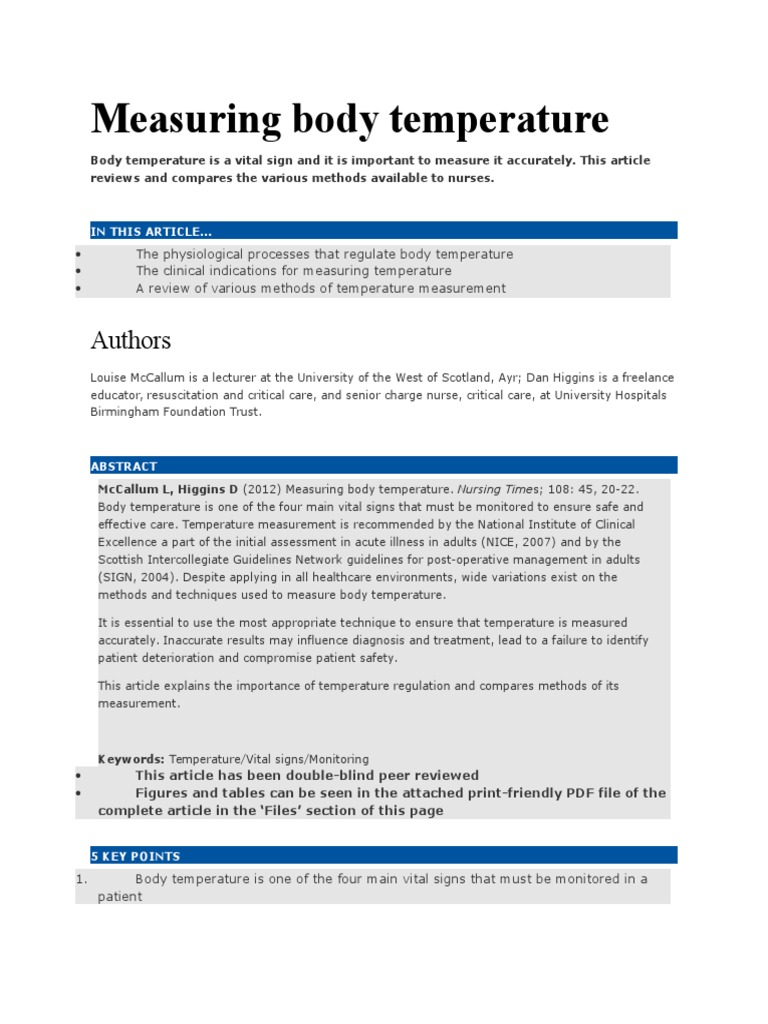 Article On Measuring Body Temperature | PDF | Thermoregulation | Thermometer