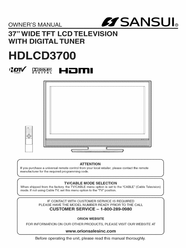 Sansui HDLCD-3700 Flat Panel Television User Manual | PDF | Hdmi ...