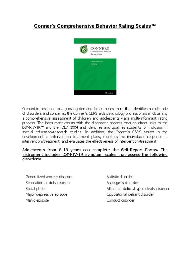 Conners Comprehensive Behavior Rating Scale | PDF | Attention Deficit ...