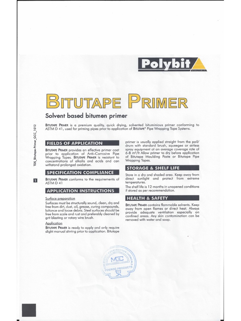 Application Instruction & Data Sheet - Bitutape Primer | PDF